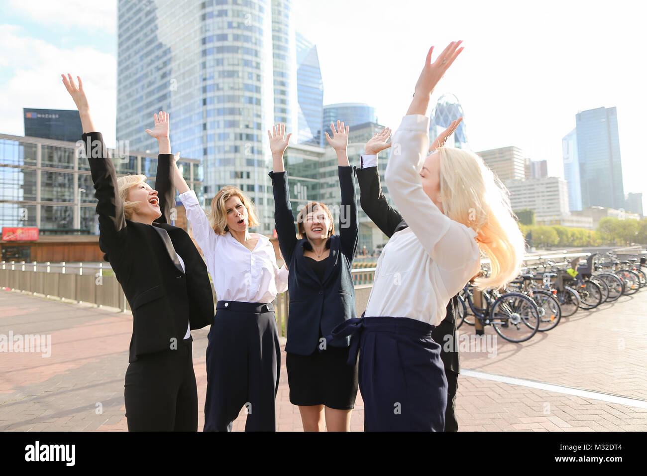 Successful business team greeting each other with good result ou Stock ...