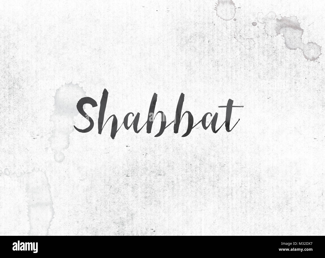 The word Shabbat concept and theme painted in black ink on a watercolor ...