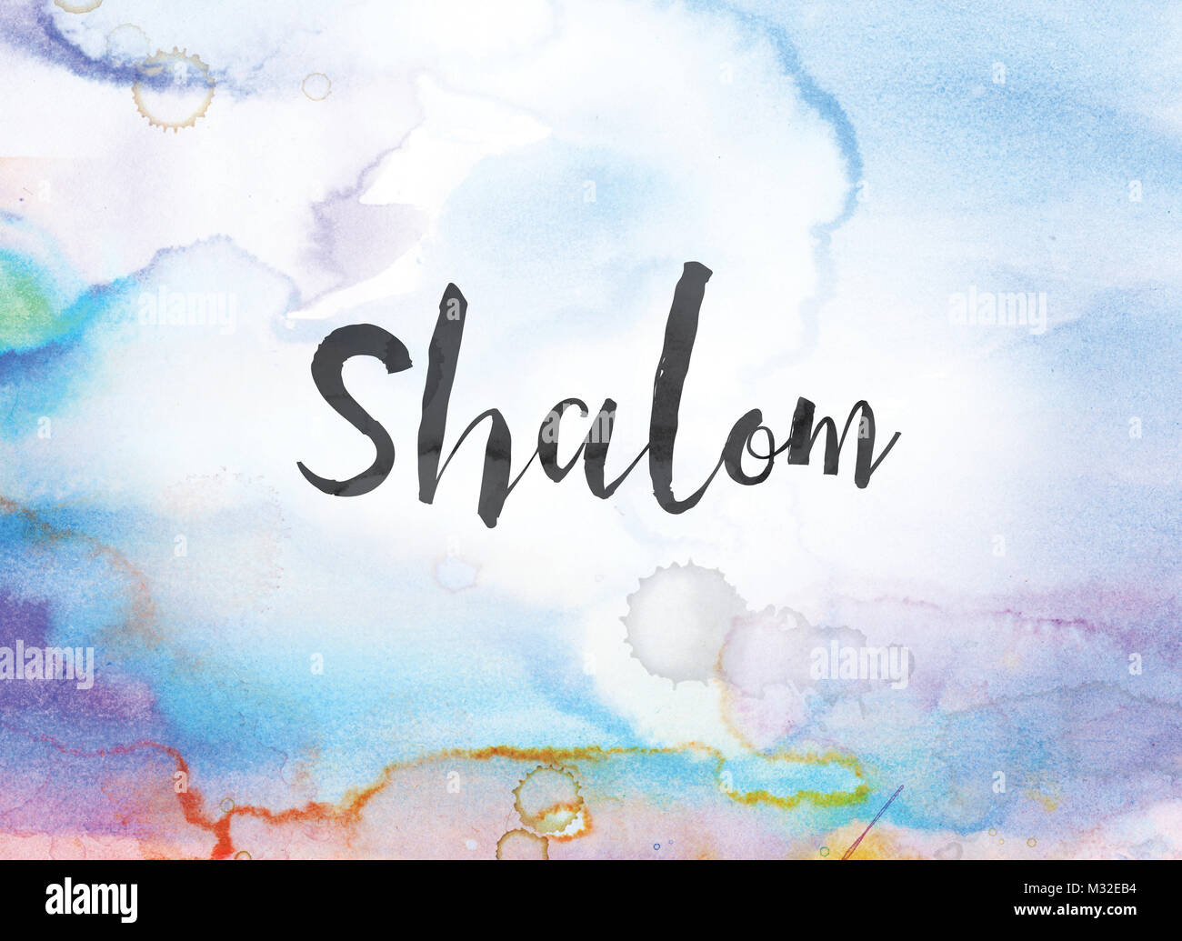 The word Shalom concept and theme written in black ink on a colorful ...