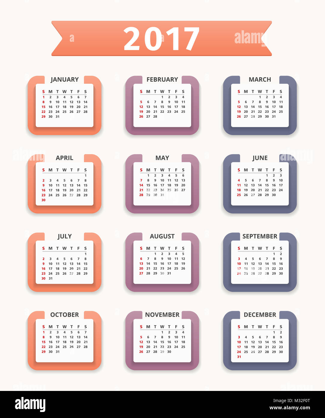 2017 Calendar, week starts on Sunday, vector eps10 illustration Stock ...