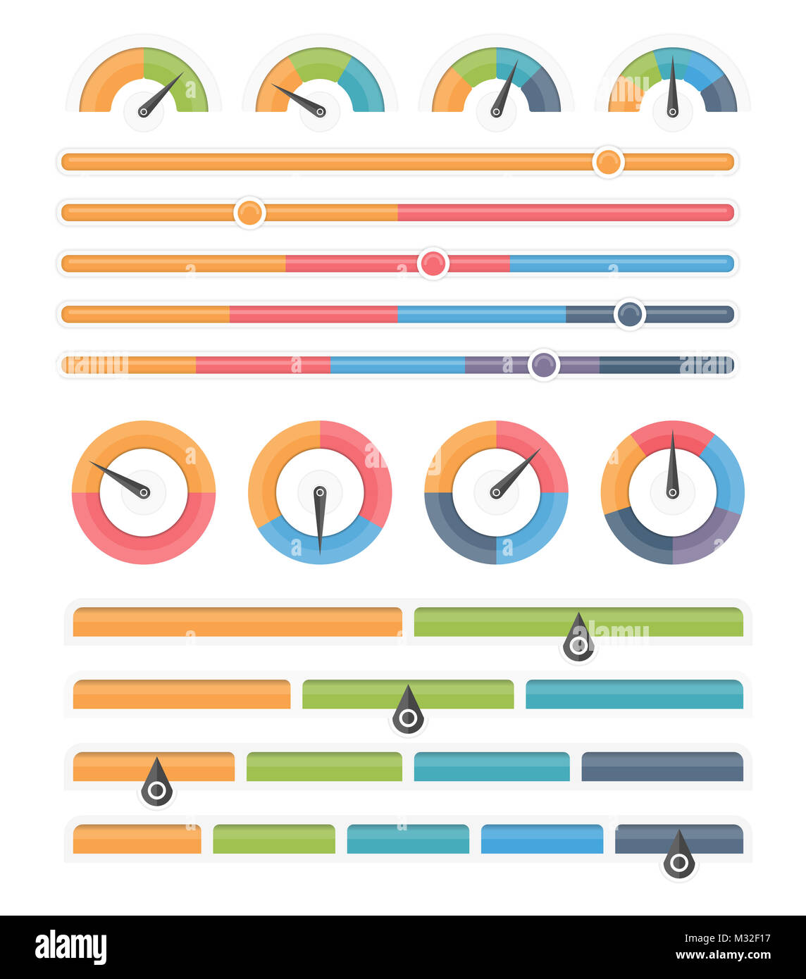 Round and horizontal indicators, gauges with different amount of ...