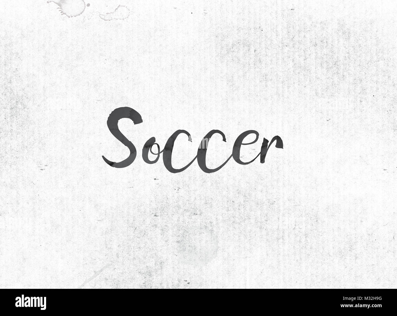 The word Soccer concept and theme painted in black ink on a watercolor ...