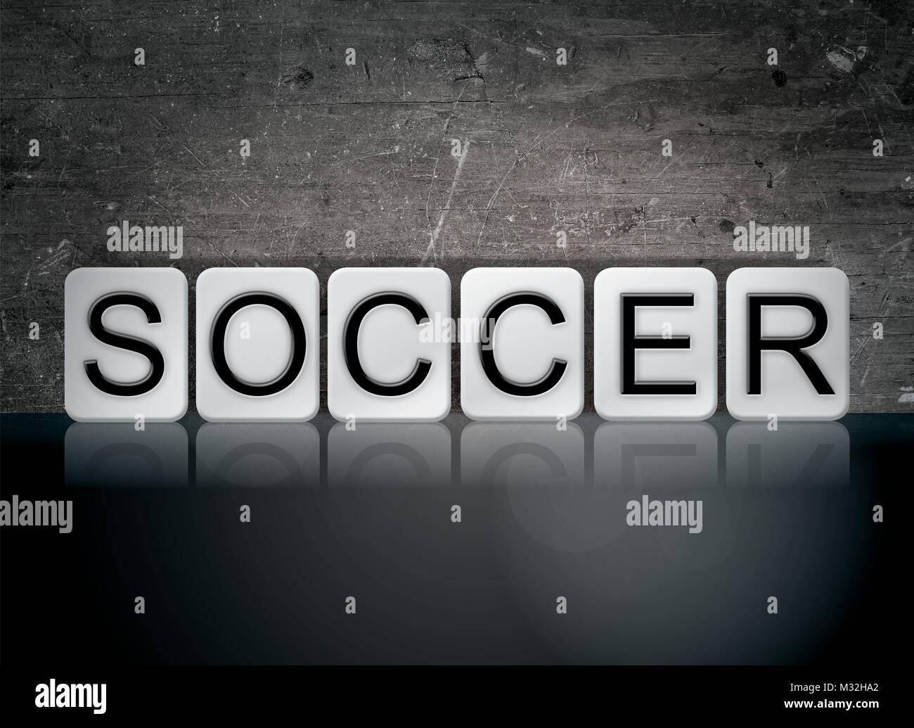 The word Soccer concept and theme written in white tiles on a dark ...
