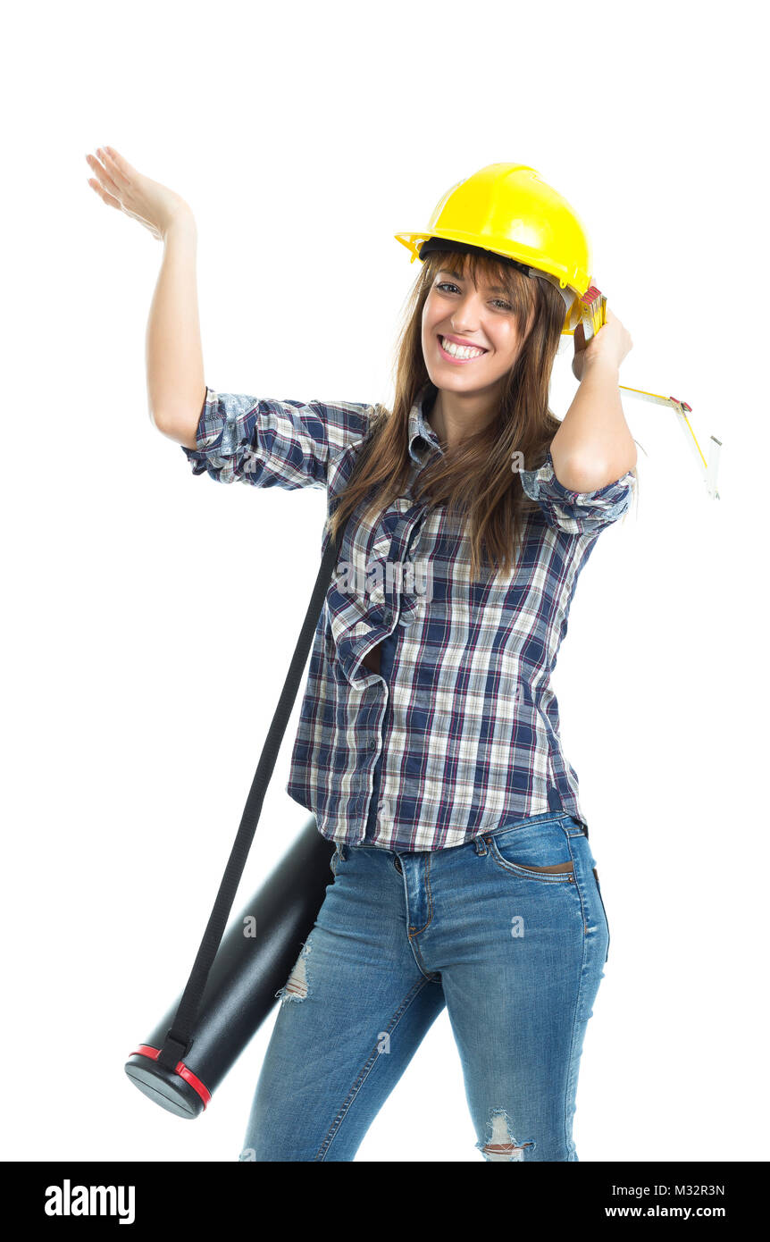 Young woman architect builder verify construction site work. Isolated ...