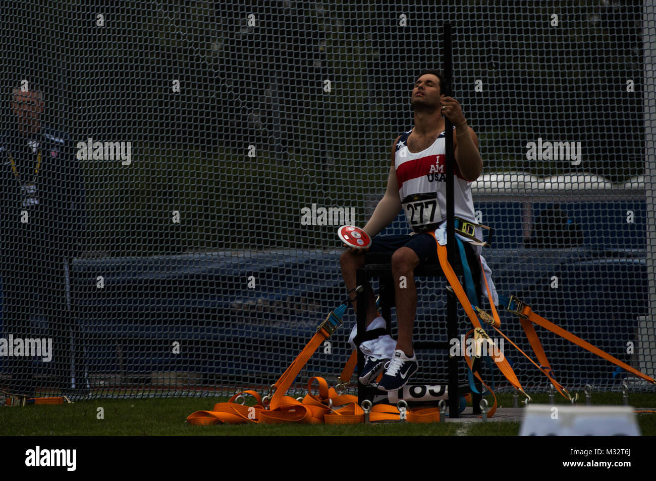 U.S. Air Force Tech. Sgt Ryan Pinney participates in seated discus ...