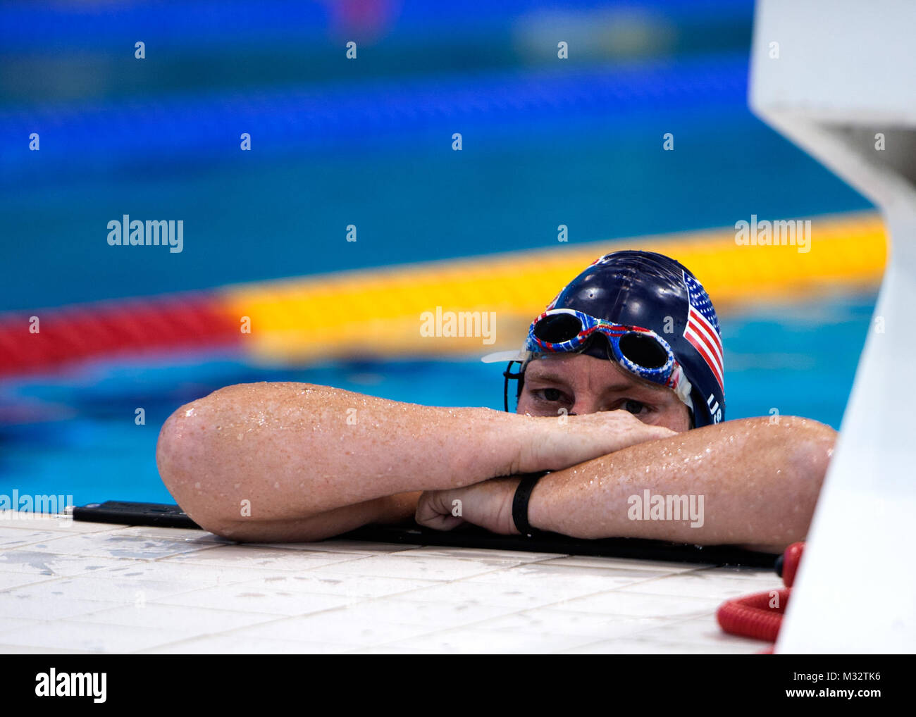 Retired U.S. Army Staff Sgt. Chanda Gaeth rests after her 50M freestyle ...