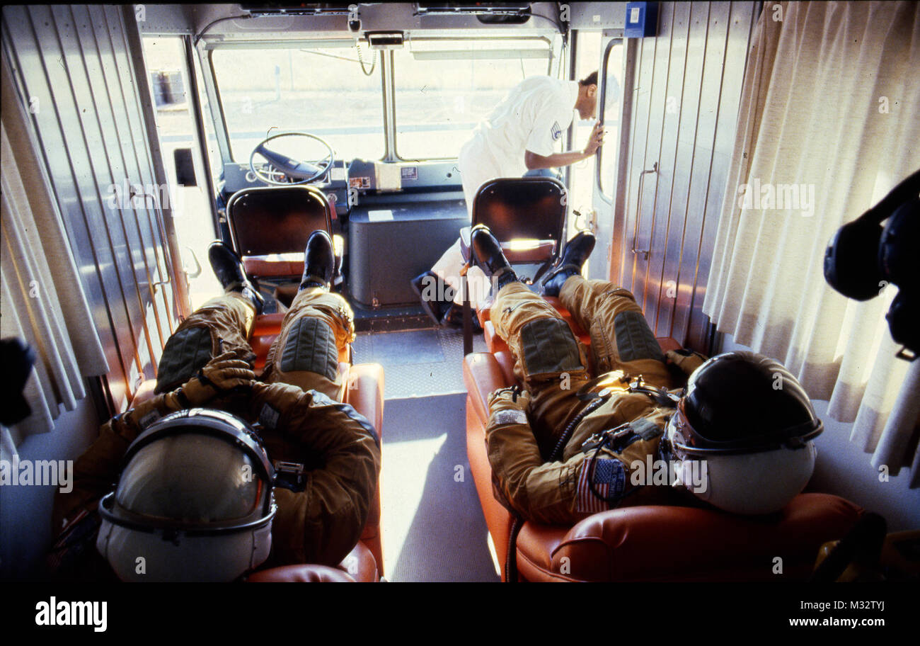 U.S. Air Force SR-71 Blackbird pilots recline in a transport van ...