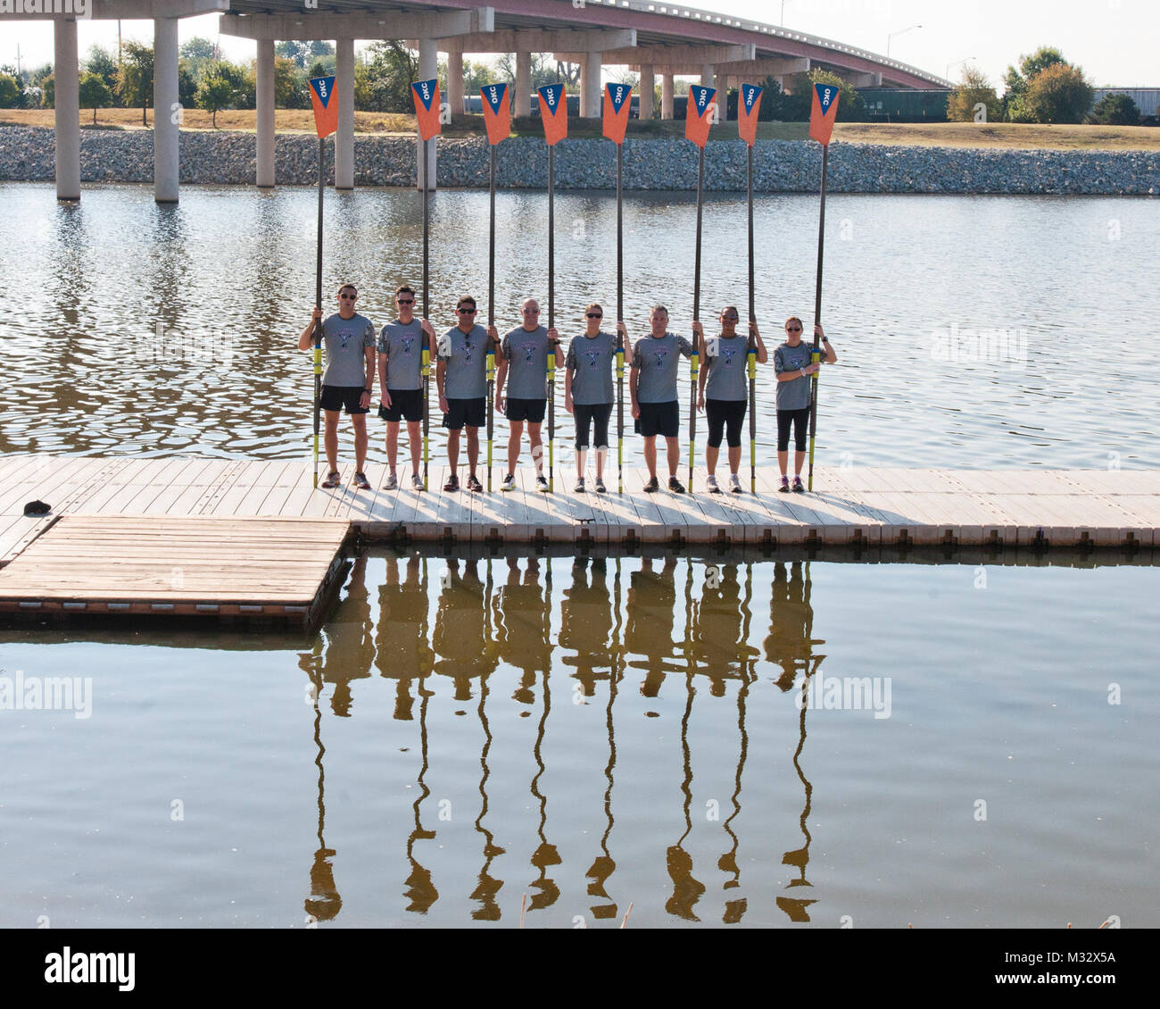 Eight members of the Oklahoma Army National Guard Rowing Team pose for ...