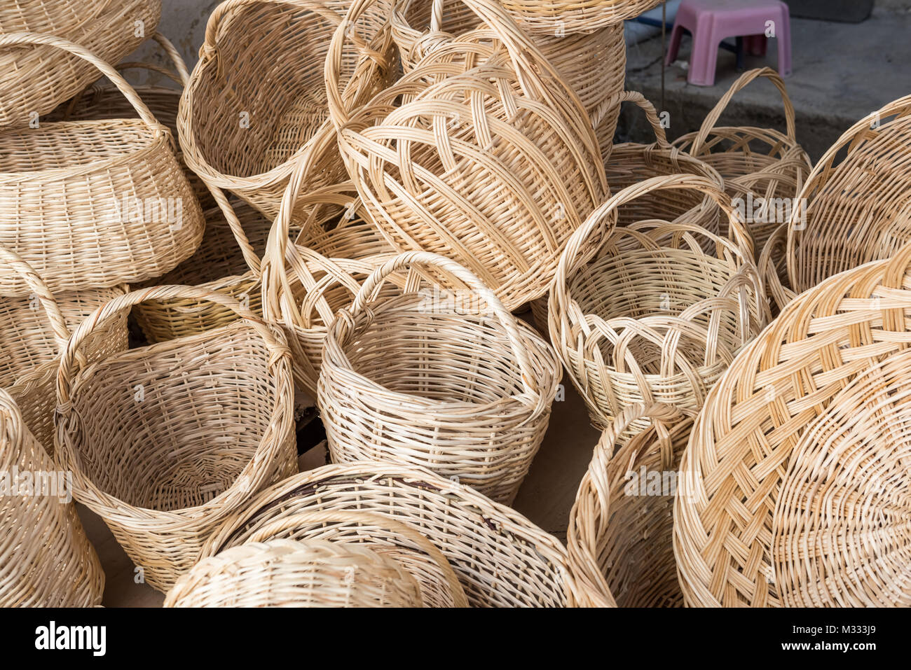 Many wooden hampers ,wickers,are sale on stall in Tarakli,Turkey Stock ...