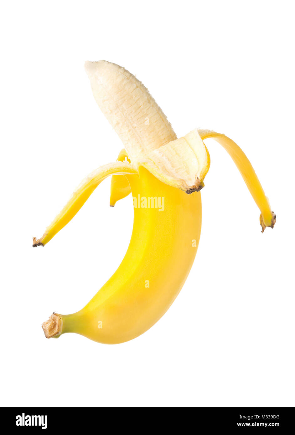 Single fresh, yellow, ripe banana half peeled over white background ...