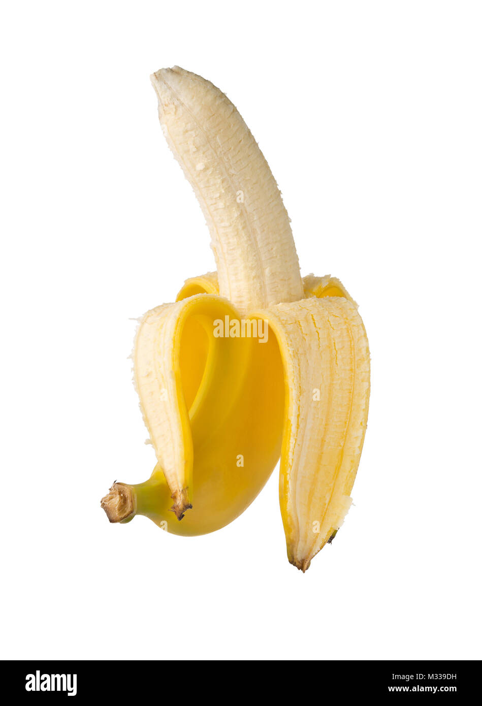 Single fresh, yellow, ripe banana half peeled over white background ...