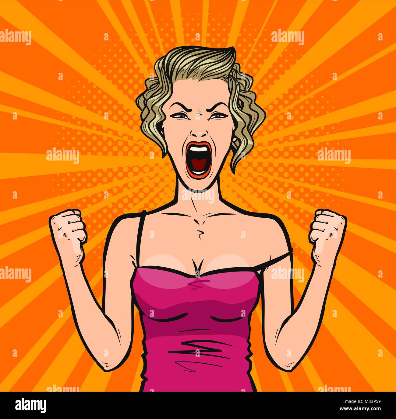 Girl screams loudly or young woman in rage. Pop art retro comic style ...