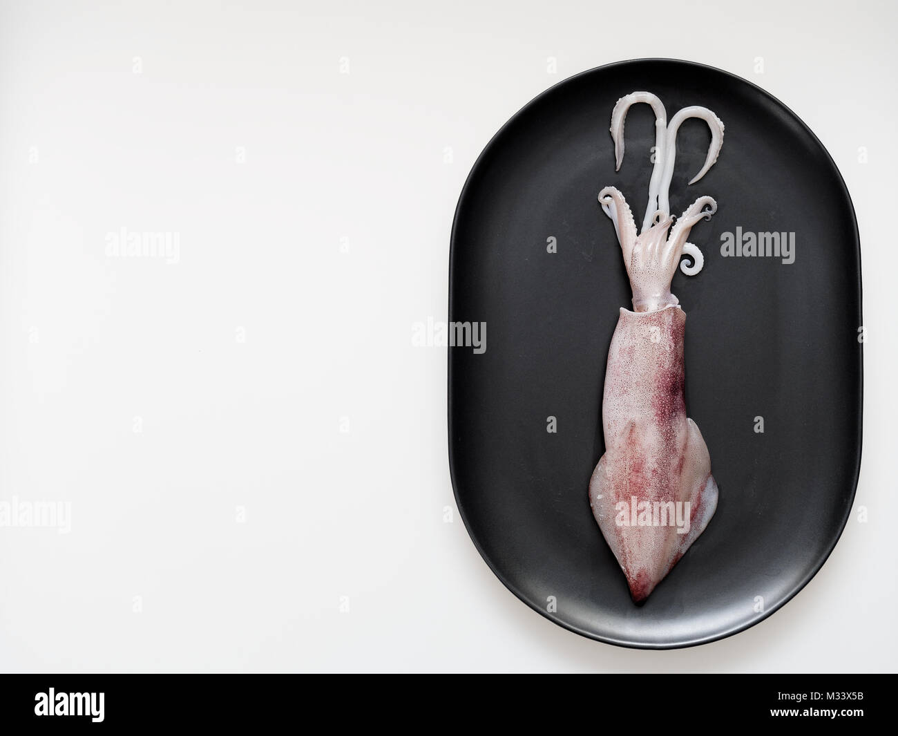 Raw squid or cuttlefish on black oval plate isolated on white ...