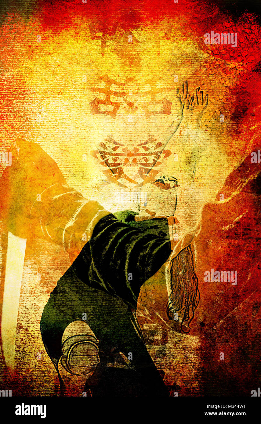 textured spooky abstract background with killer and girl- scary bloody ...