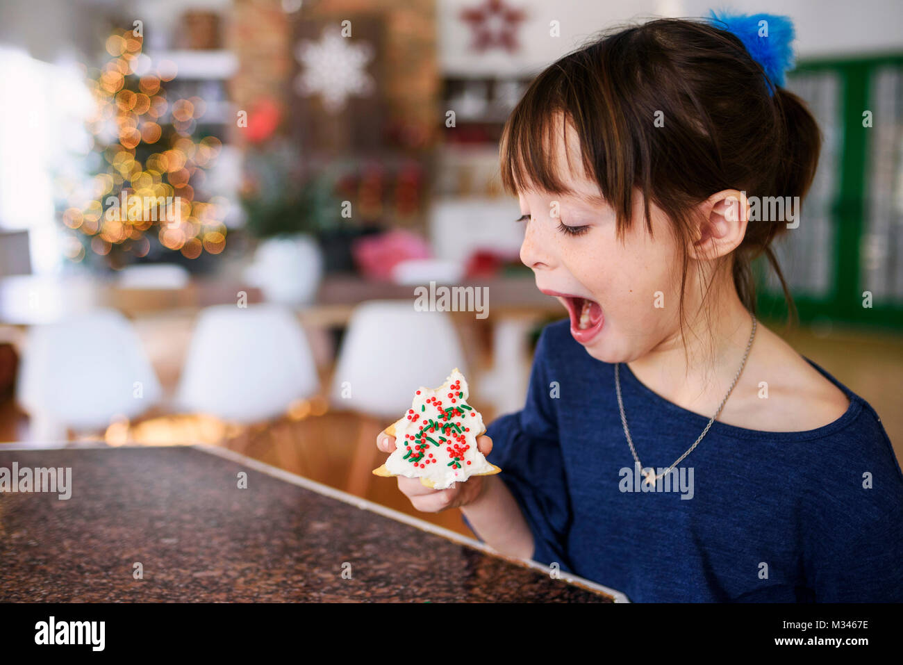 Girl about to eat a Christmas cookie Stock Photo - Alamy