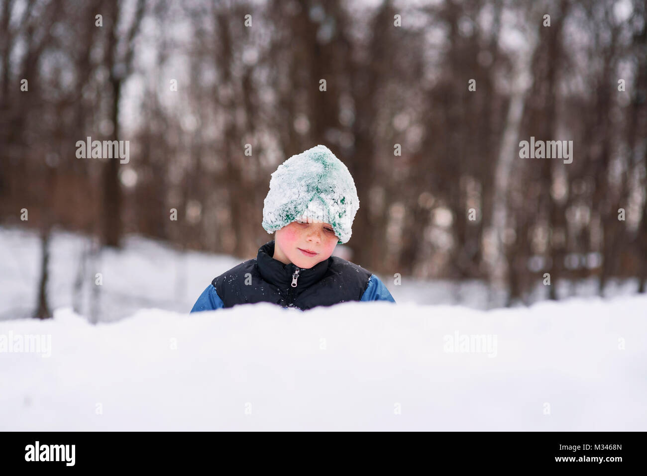 Boy standing in forest building a snow fort Stock Photo - Alamy