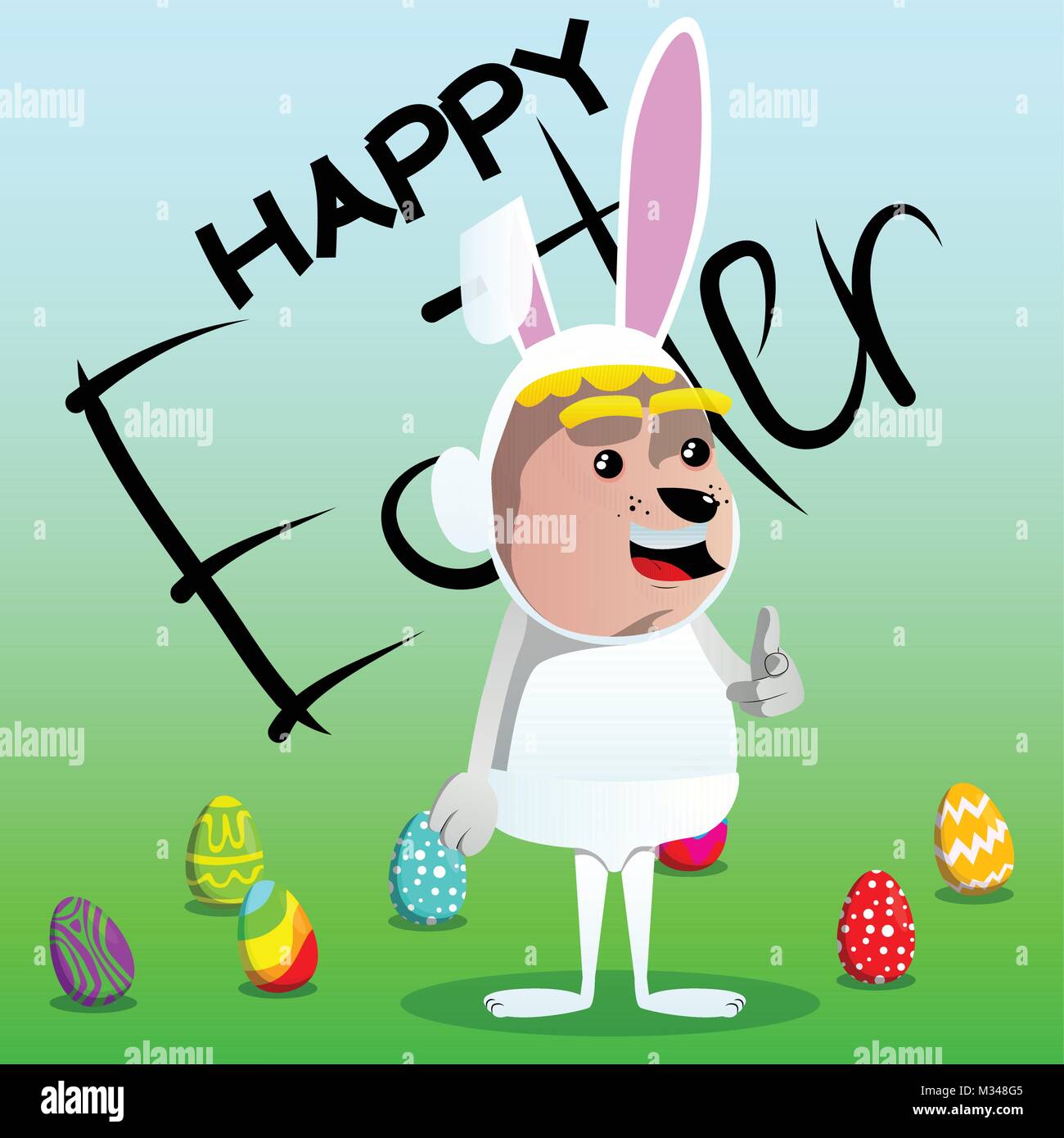 Boy dressed as Easter bunny pointing at the viewer with his hand ...