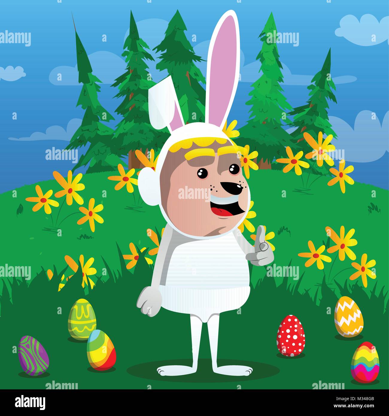 Boy dressed as Easter bunny pointing at the viewer with his hand ...