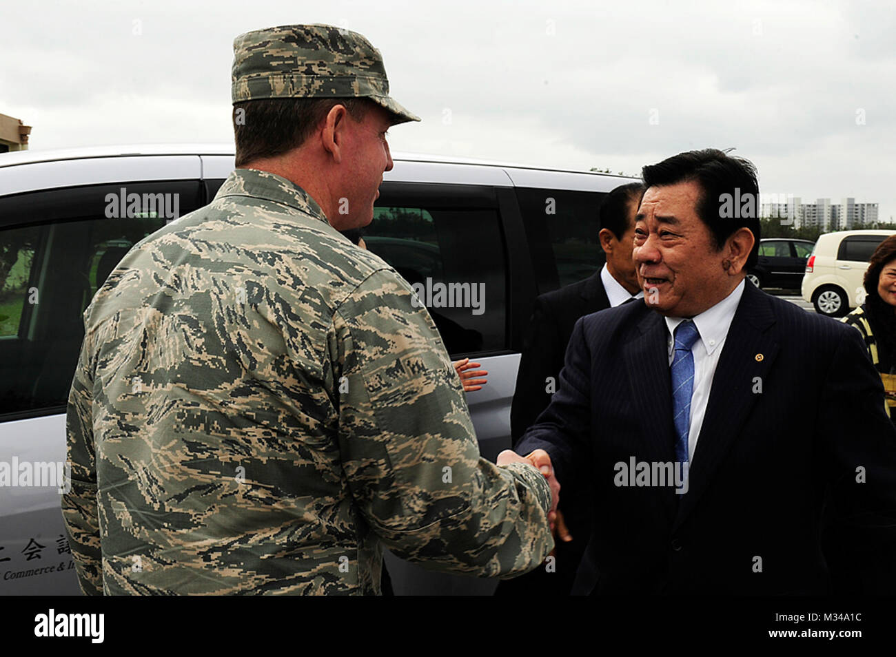 U.S. Air Force Brig. Gen. James Hecker, 18th Wing commander, meets with ...