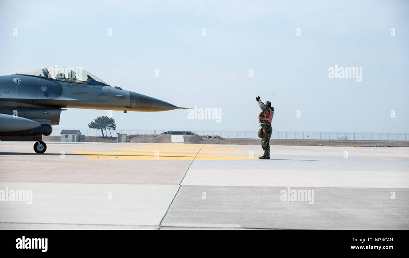 Airman marshals an F-16 Fighting Falcon during a readiness exercise in ...