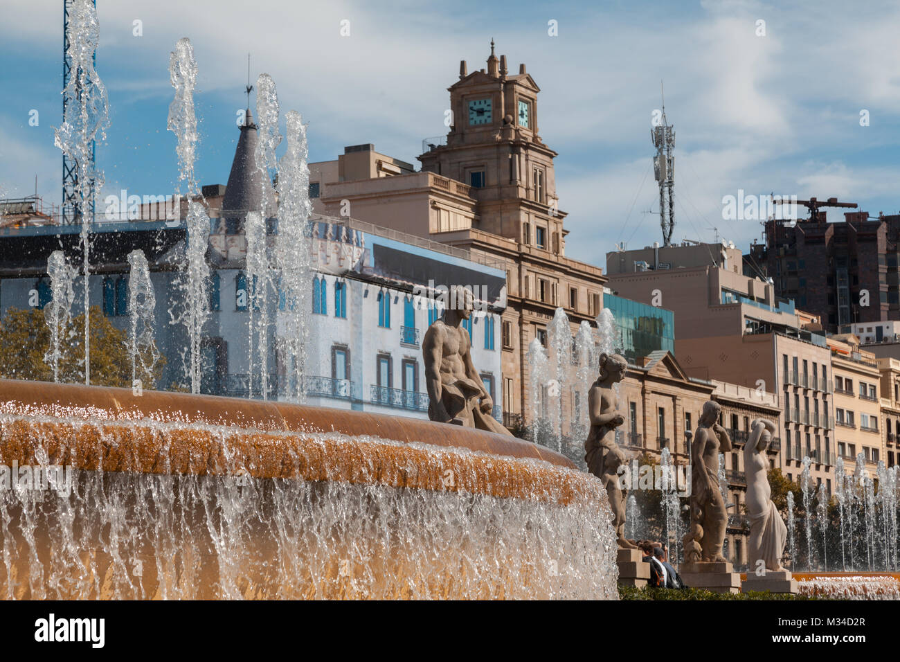 Detail of water on the Beautiful fountain at Plaza Catalunya or ...