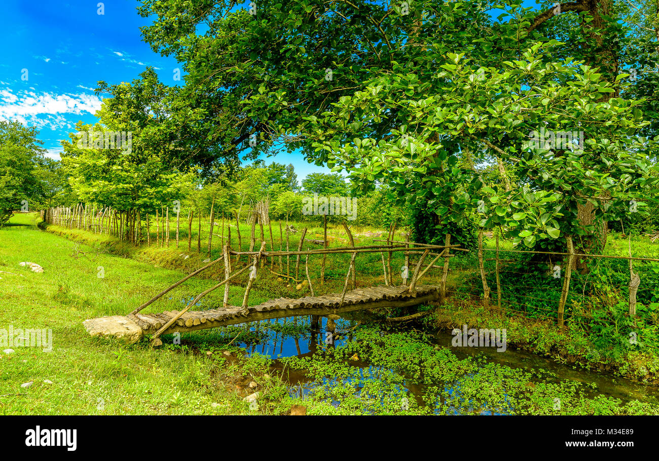 Old wooden bridge over a small river in a Georgian village Stock Photo ...