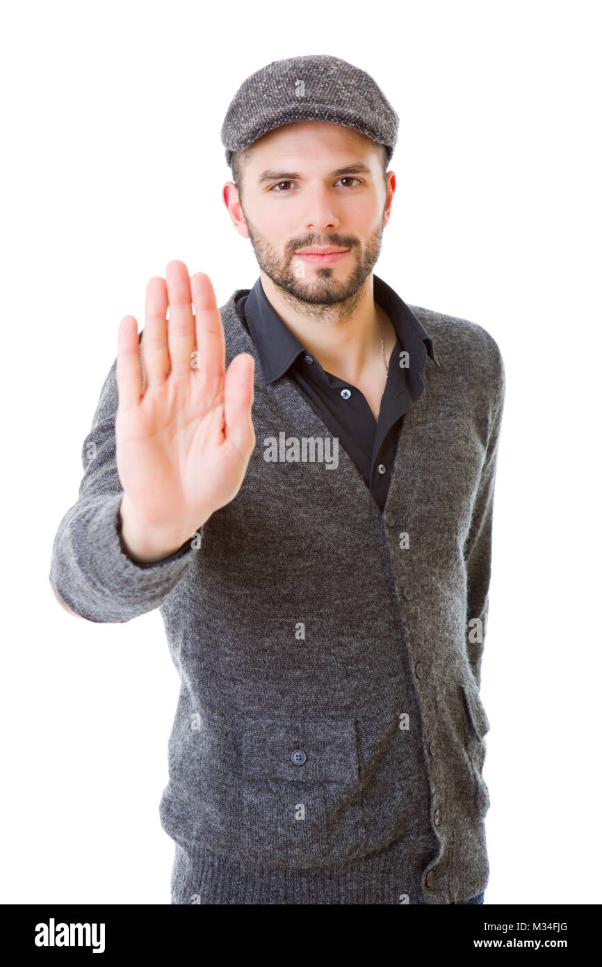 young man making stop with his hand, isolated Stock Photo - Alamy