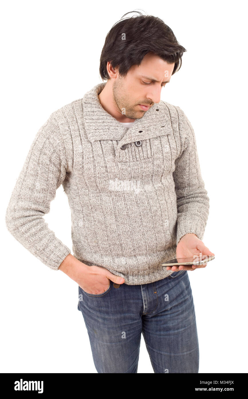 young casual man with a phone, isolated Stock Photo - Alamy