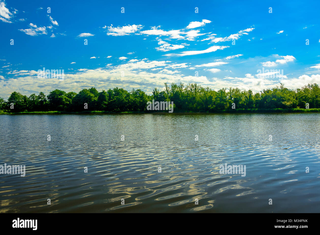 Wide angle lake landscape with trees, forest and clouds in the ...