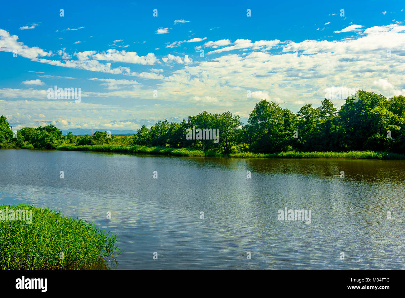 Wide angle lake landscape with trees, forest and clouds in the ...