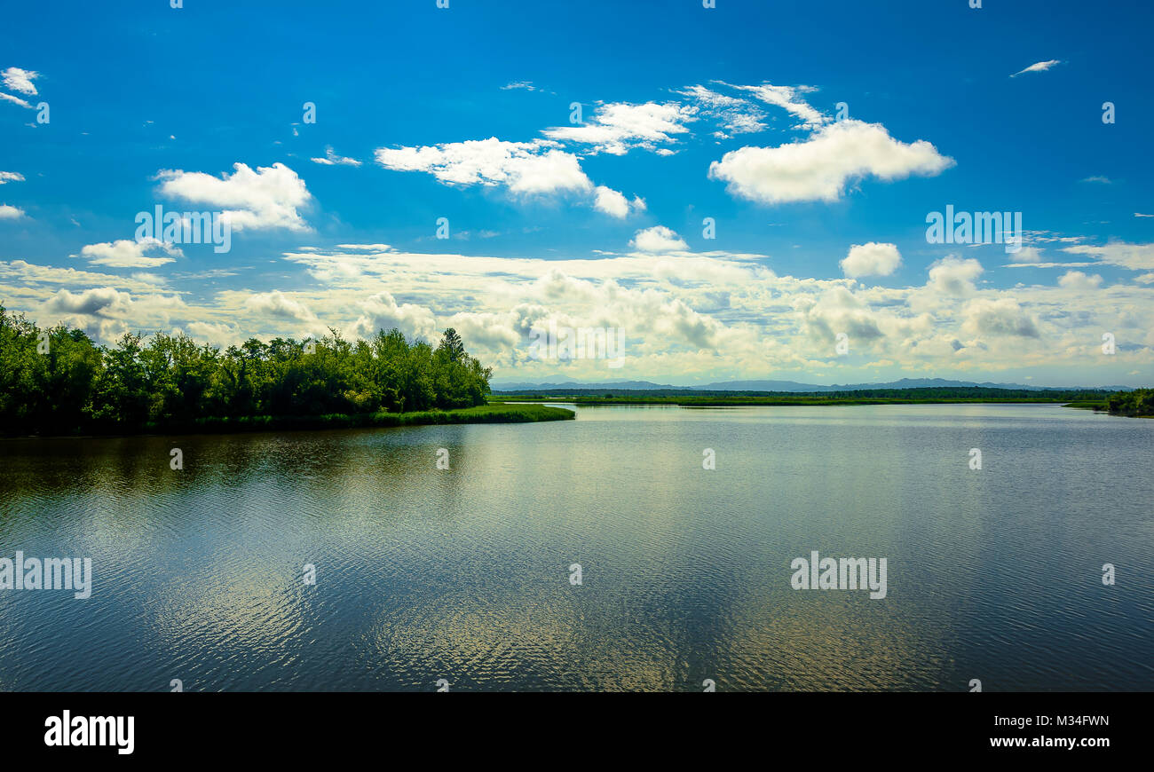 Wide angle lake landscape with trees, forest and clouds in the ...