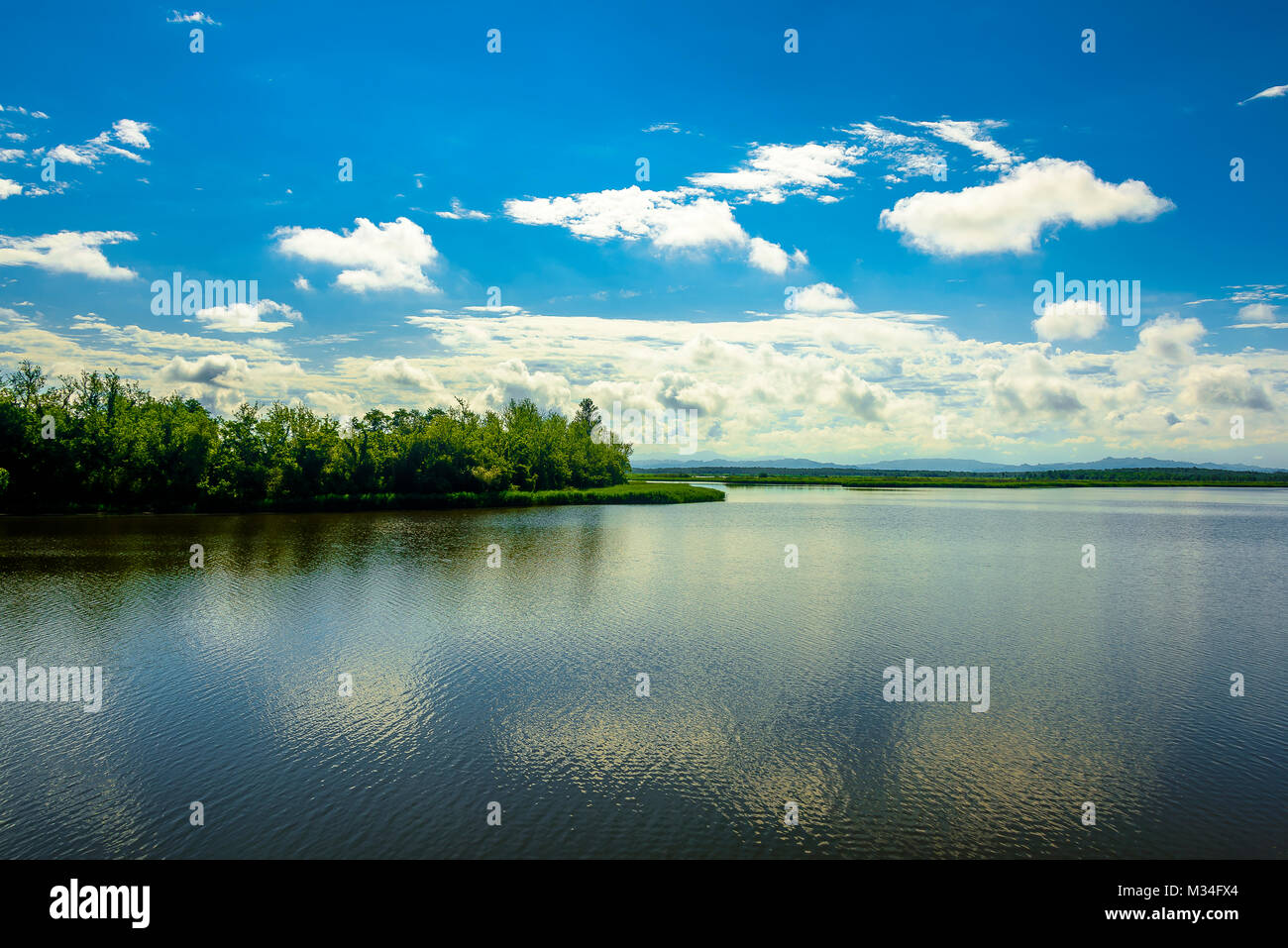 Wide angle lake landscape with trees, forest and clouds in the ...