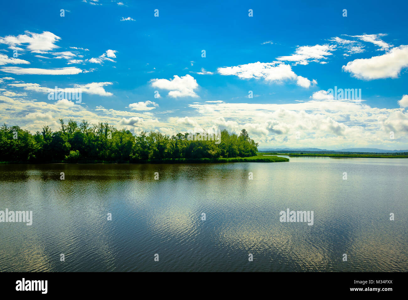 Wide angle lake landscape with trees, forest and clouds in the ...