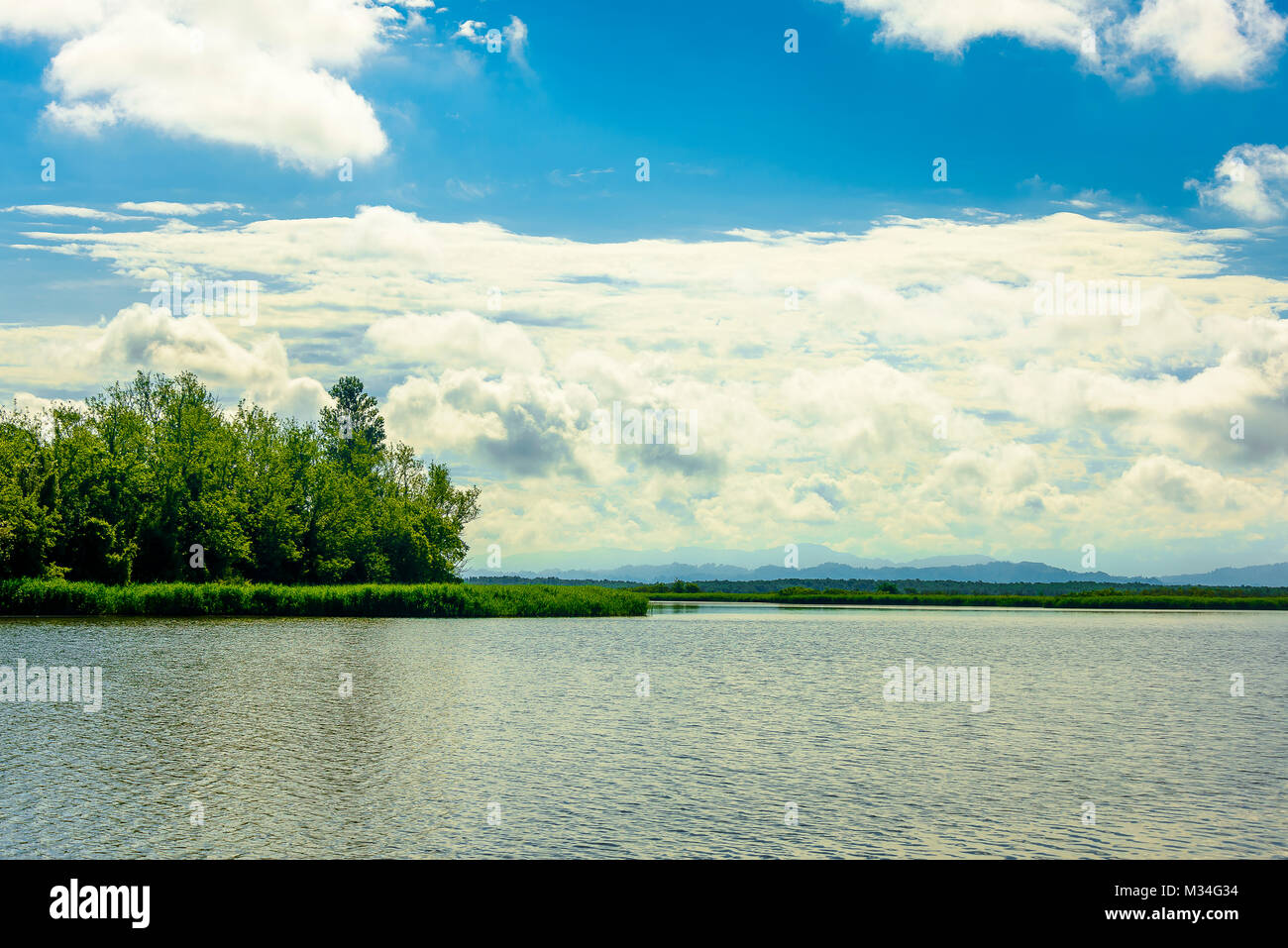 Wide angle lake landscape with trees, forest and clouds in the ...