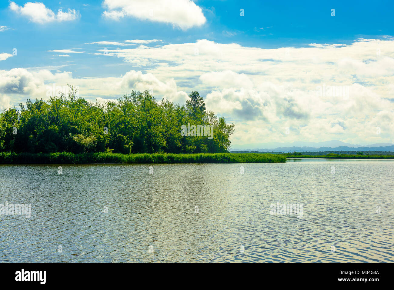Wide angle lake landscape with trees, forest and clouds in the ...