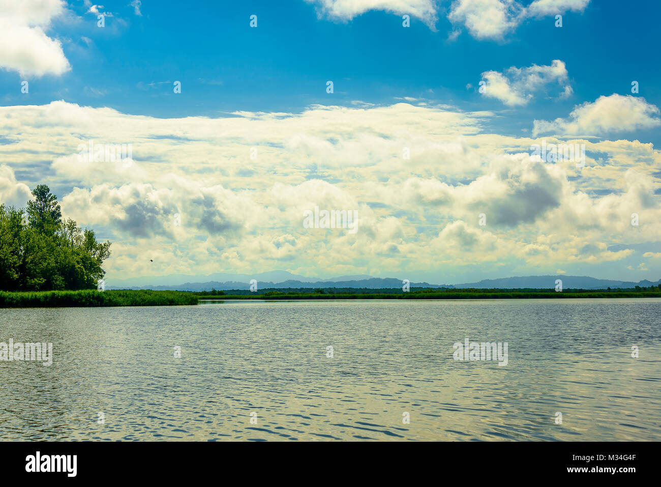 Wide angle lake landscape with trees, forest and clouds in the ...