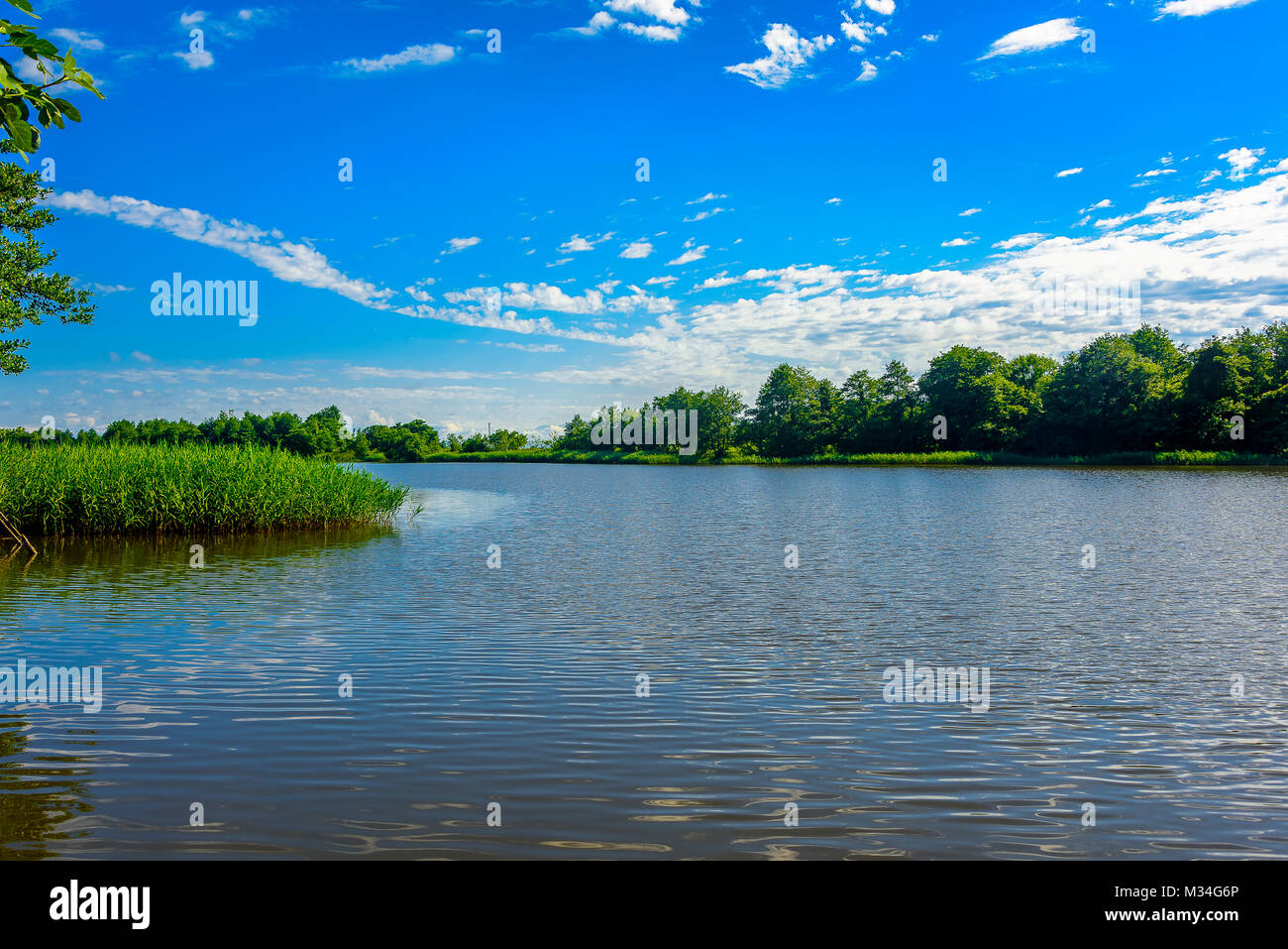 Wide angle lake landscape with trees, forest and clouds in the ...