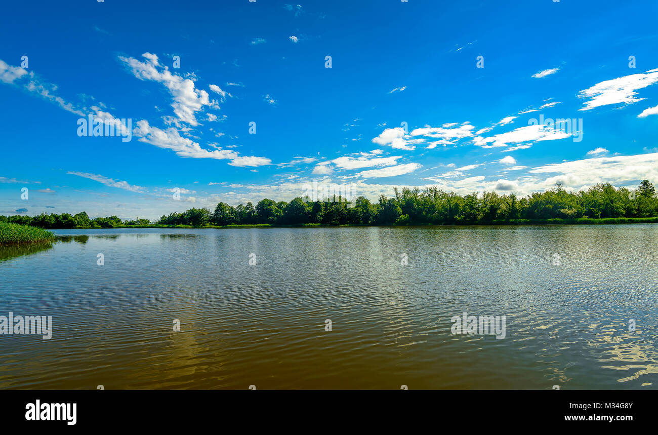 Wide angle lake landscape with trees, forest and clouds in the ...
