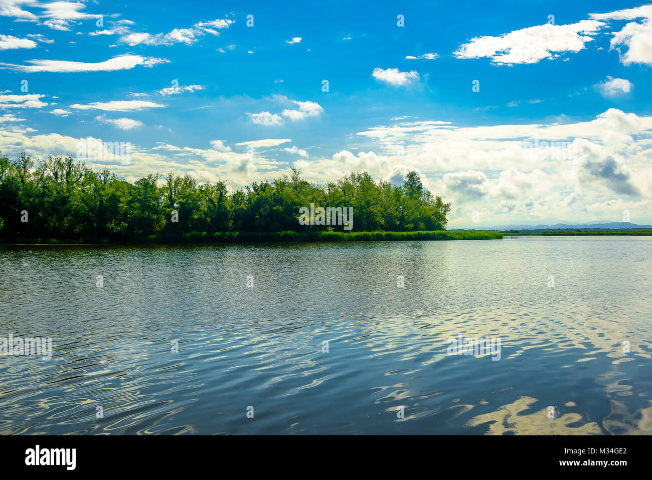 Wide angle lake landscape with trees, forest and clouds in the ...