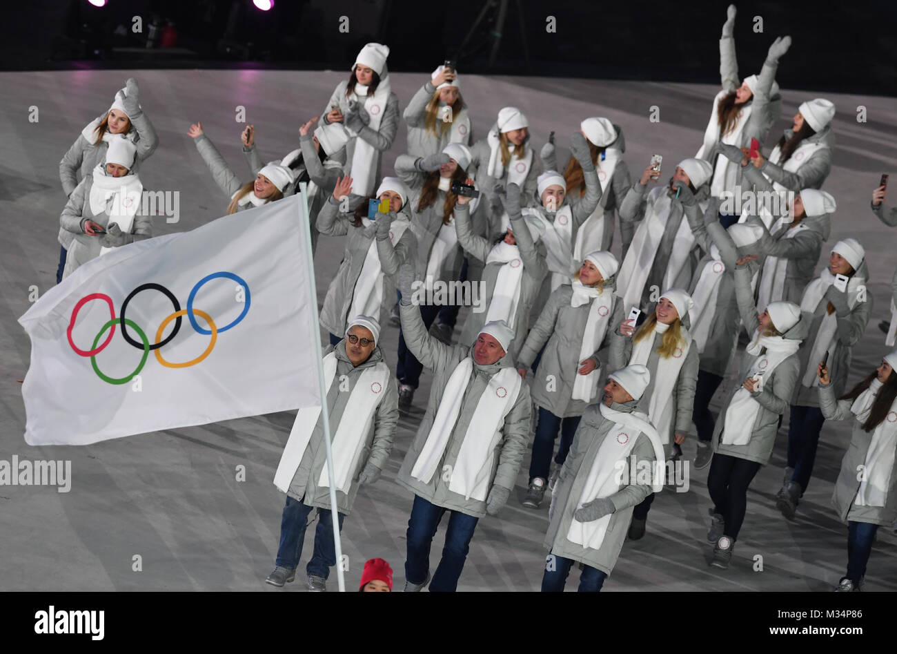 Pyeongchang, South Korea. 9th Feb, 2018. The Russian team walks into ...