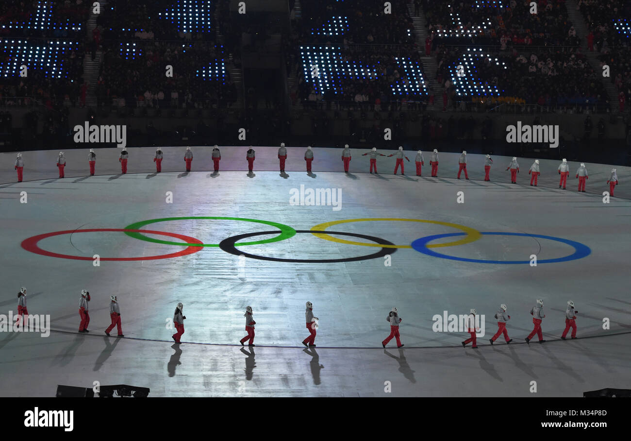 Pyeongchang, South Korea. 9th Feb, 2018. Staff walk around the stadium ...