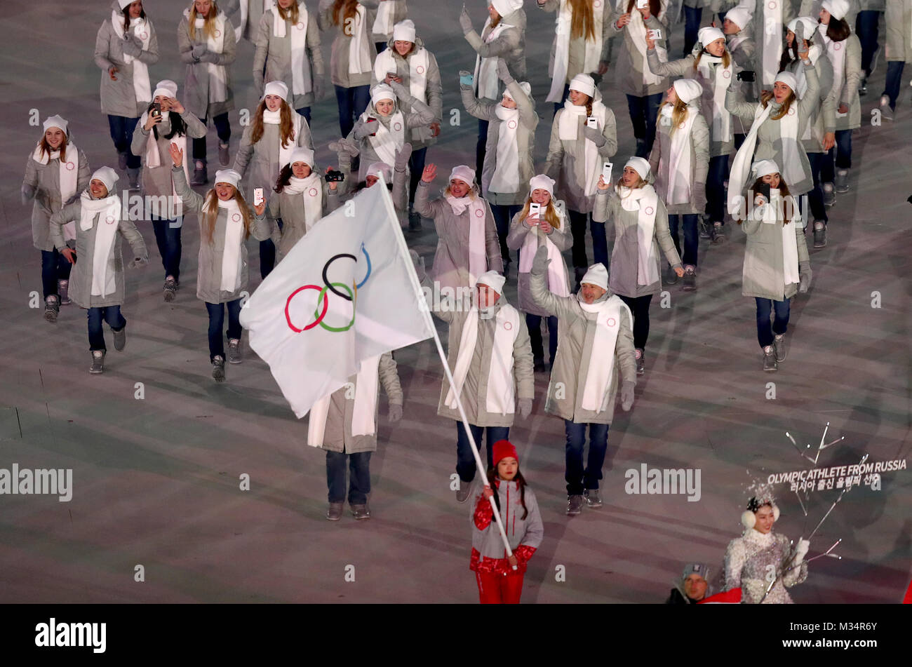 Pyeongchang, South Korea. 9th Feb, 2018. Russian athletes enter the ...