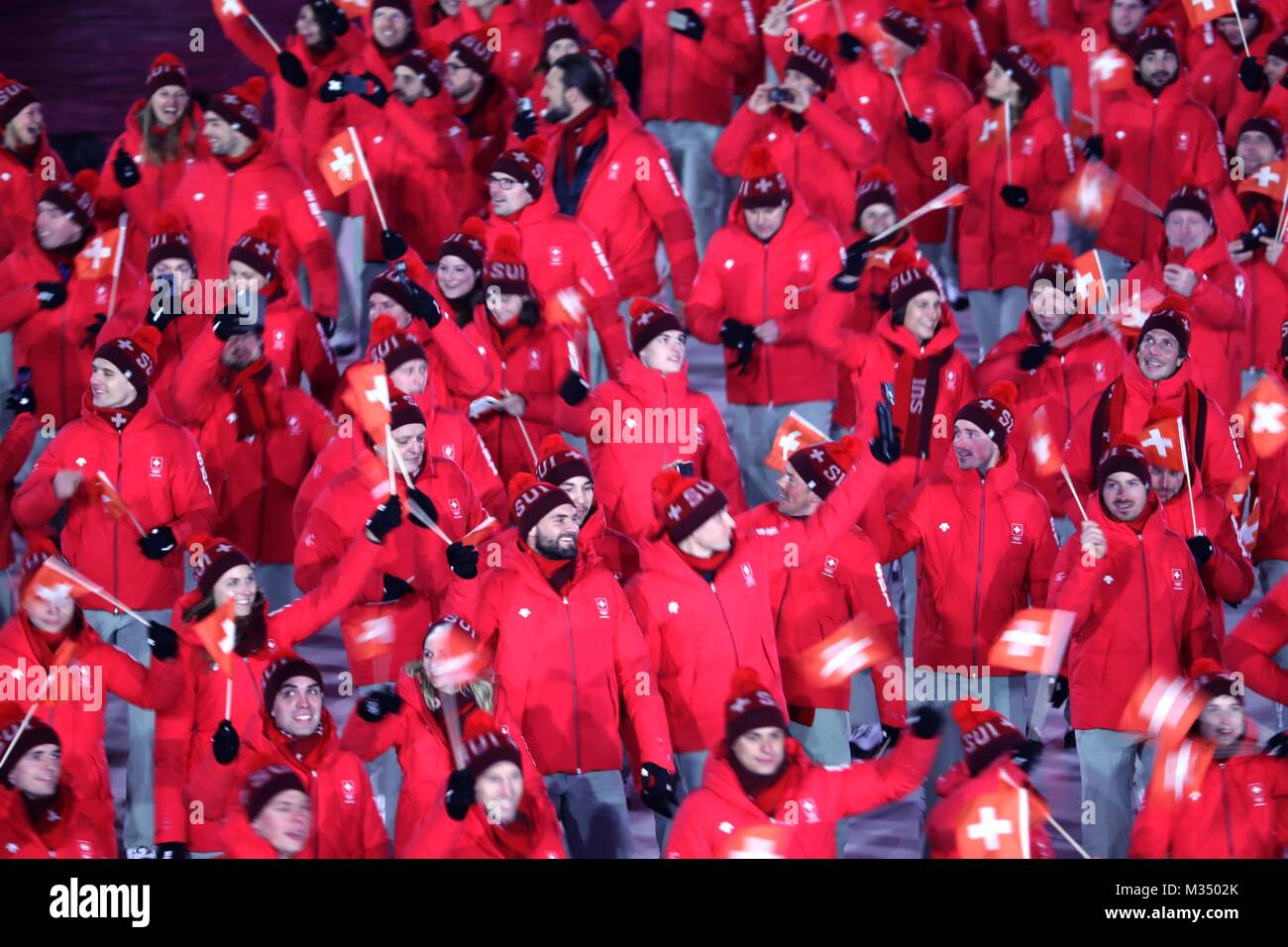 PyeongChang,, South Korea. 9th Feb, 2018. The Switzerland team marches ...