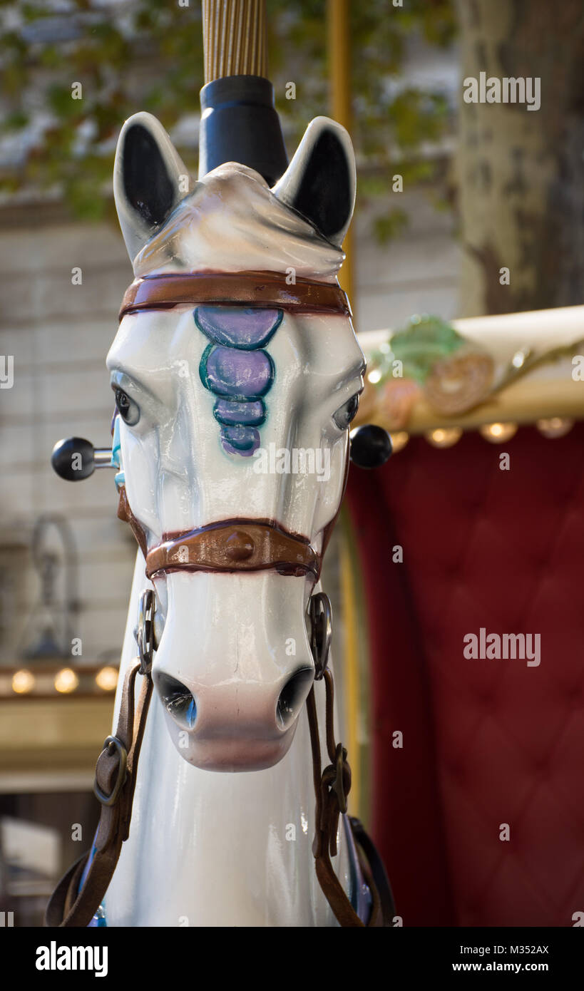 Close up of a white carousel horse with a purple and brown bridle Stock ...