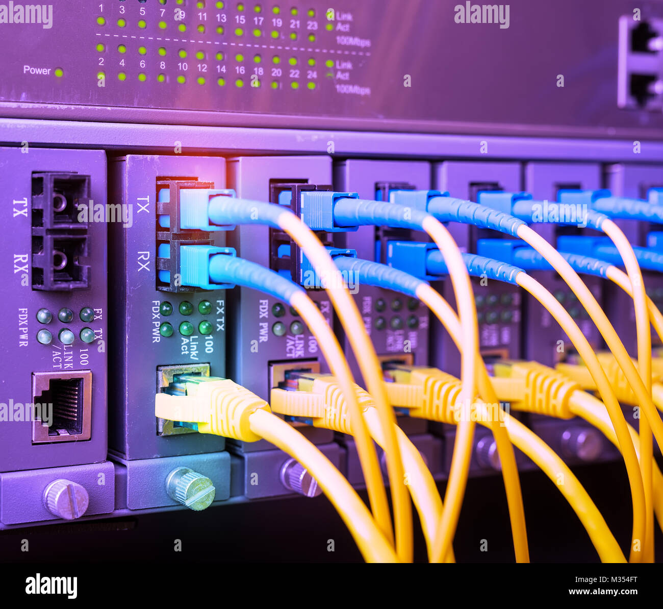 Fiber Optic cables connected to optic ports and UTP, Network cables ...