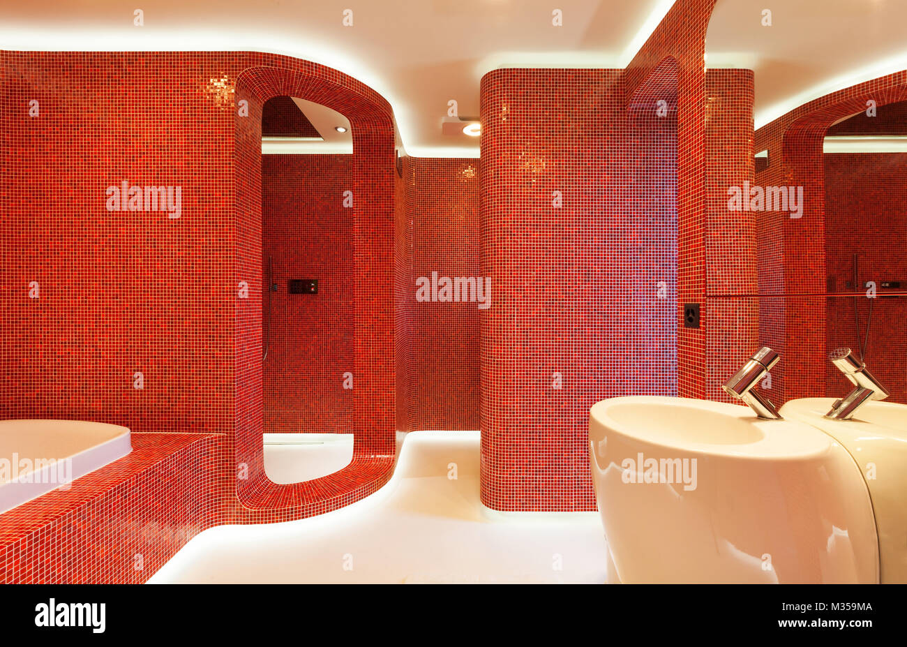 interior of a modern house, red bathroom Stock Photo - Alamy
