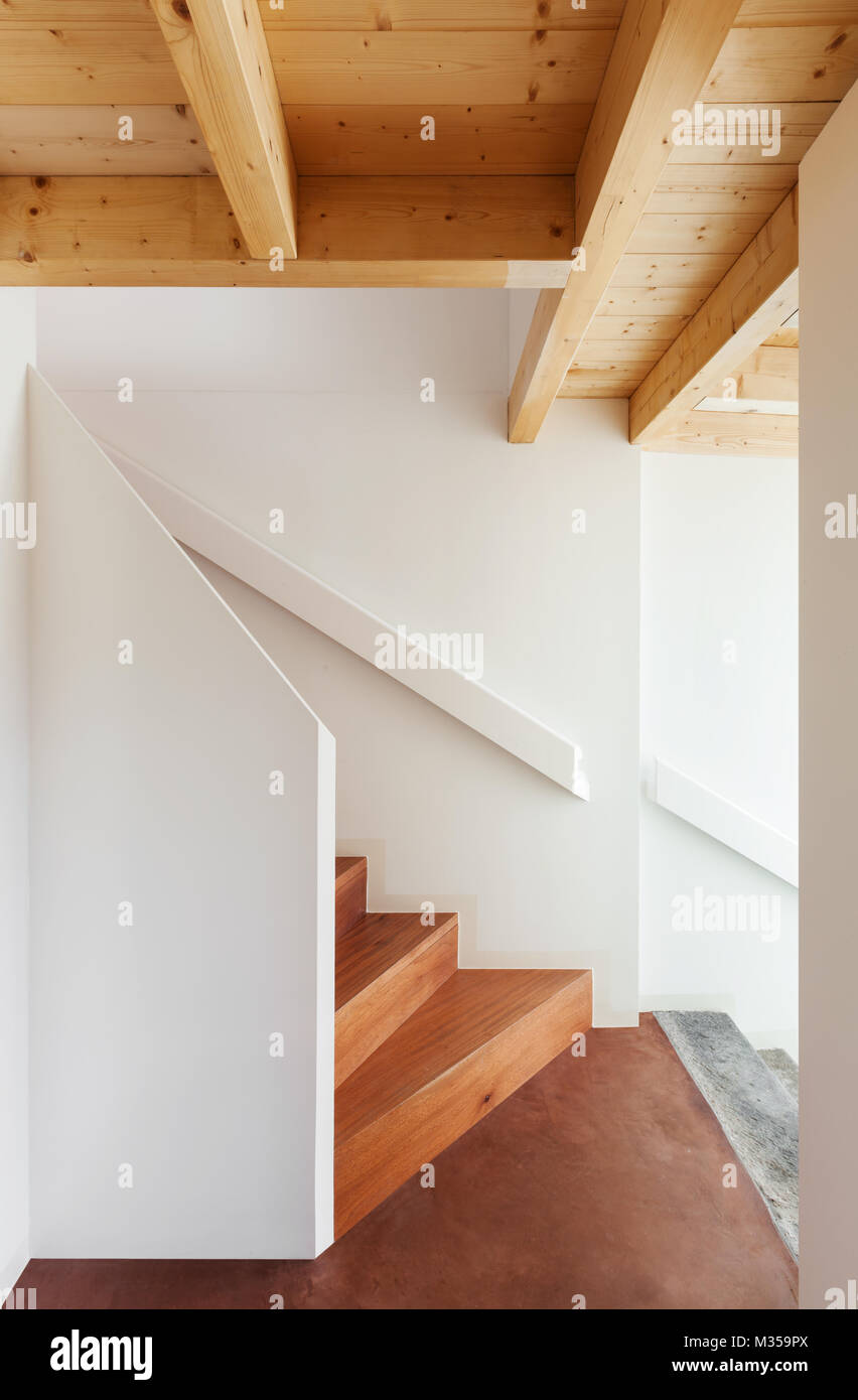 comfortable empty loft, interior, passage view, wooden staircase Stock ...