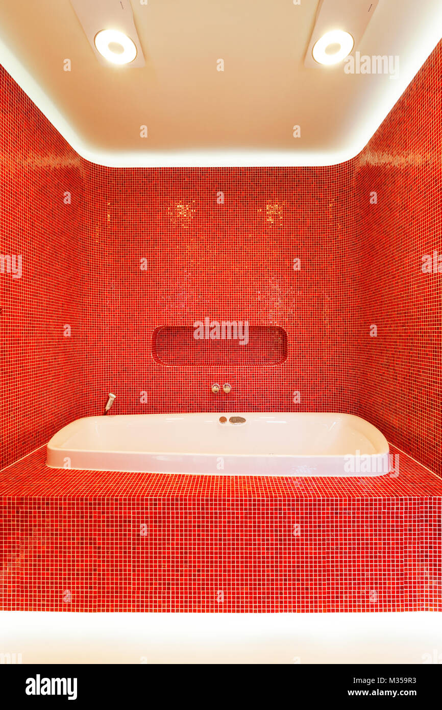 interior of a modern house, red bathroom Stock Photo - Alamy