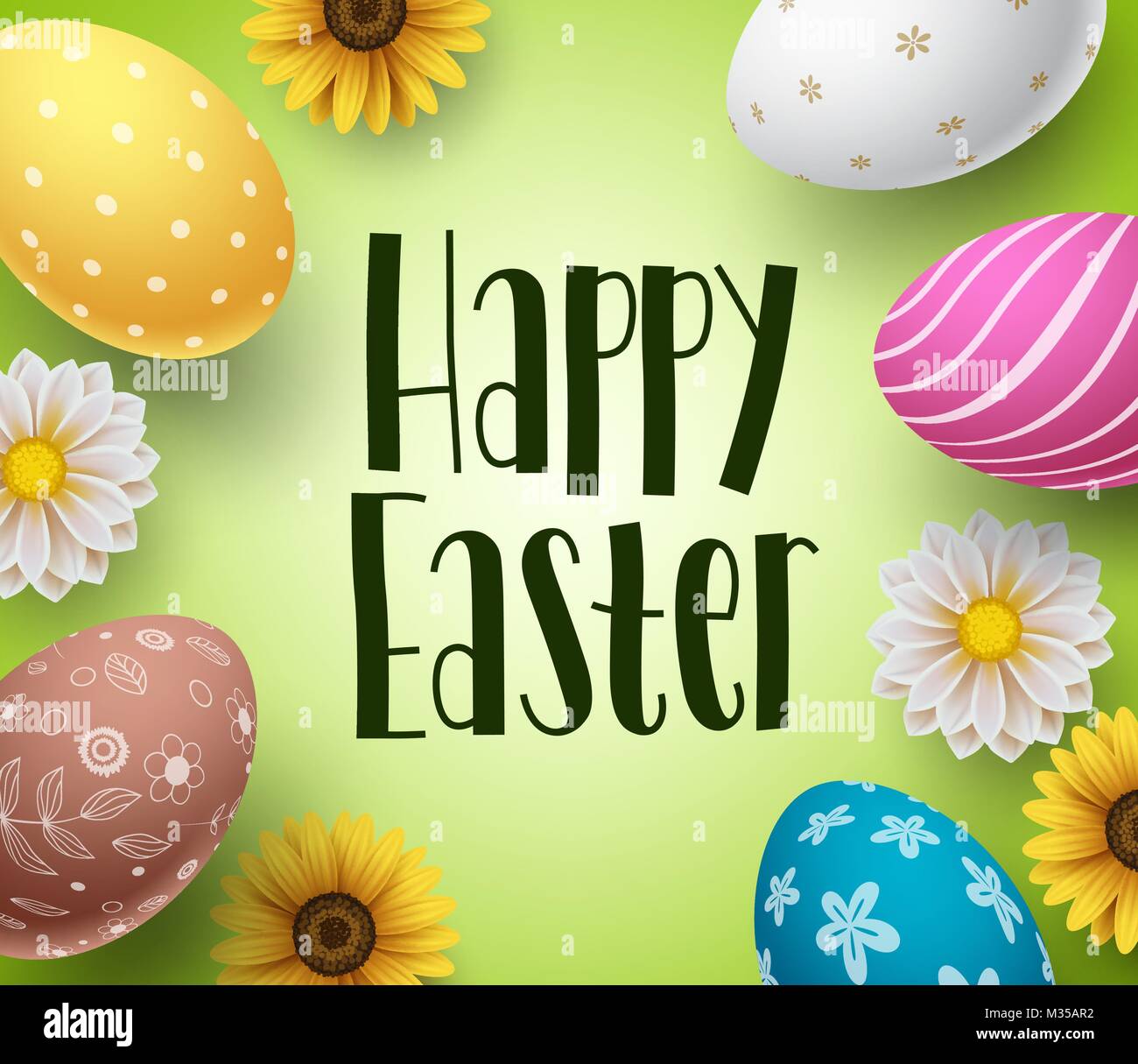 Happy easter background design template with colorful eggs and daisy ...