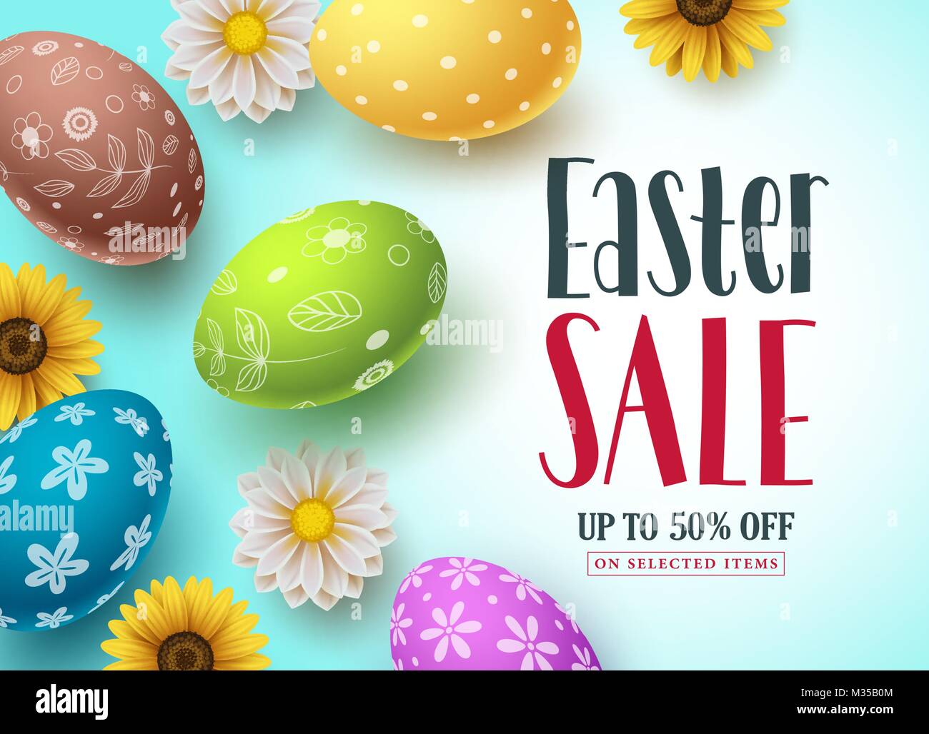 Easter sale vector banner design with colorful eggs and flowers for ...